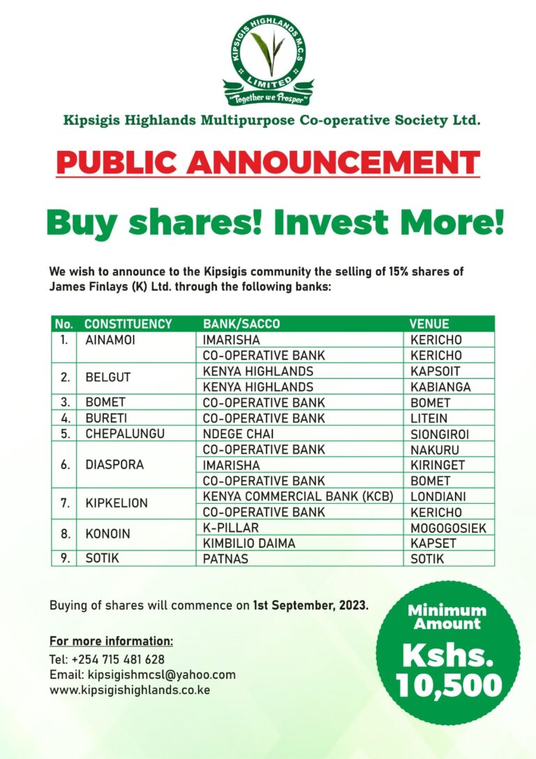 SALE of 15% Kipsigis Highlands MCS Share of James Finlay(K) – KIPSIGIS ...